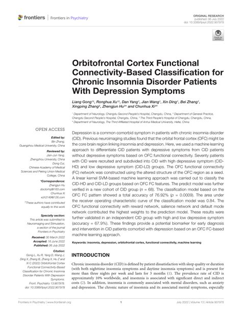 Pdf Orbitofrontal Cortex Functional Connectivity Based Classification For Chronic Insomnia