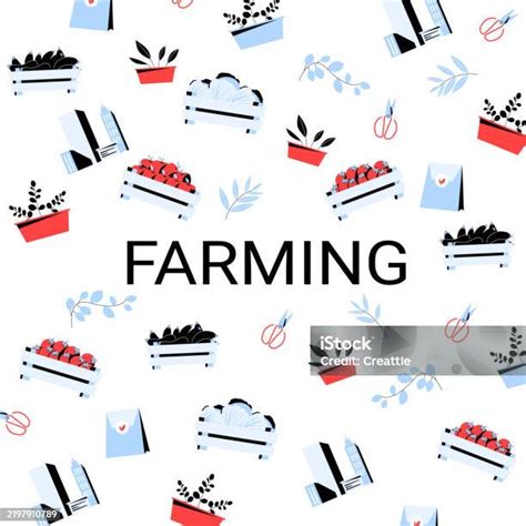 농업 요소가 있는 농업 패턴 평면 벡터 일러스트 레이 션 지속 가능한 농업 수확 및 농촌 생활 방식을 상징 흰색 배경에 고립 0명에 대한 스톡 벡터 아트 및 기타 이미지