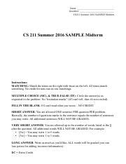 MidtermSample Pdf Name Gnumber CS Summer SAMPLE Midterm CS Summer SAMPLE