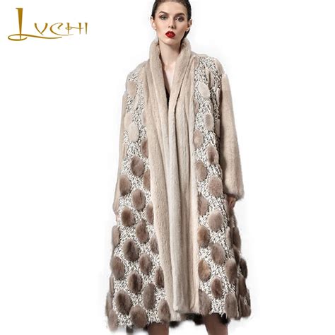 Lvchi 수입 세이블 리얼 밍크 모피 코트 여성용 프린트 밍크 코트 풀 펠트 V넥 슬림 팰리스 스타일 X 롱 밍크 코트