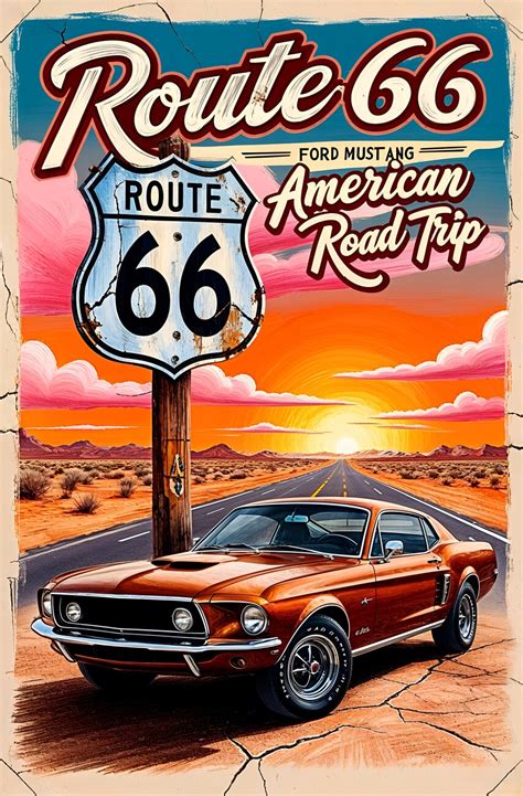 Láminas Decorativas Para Enmarcar Ford Mustang Route 66 Poster