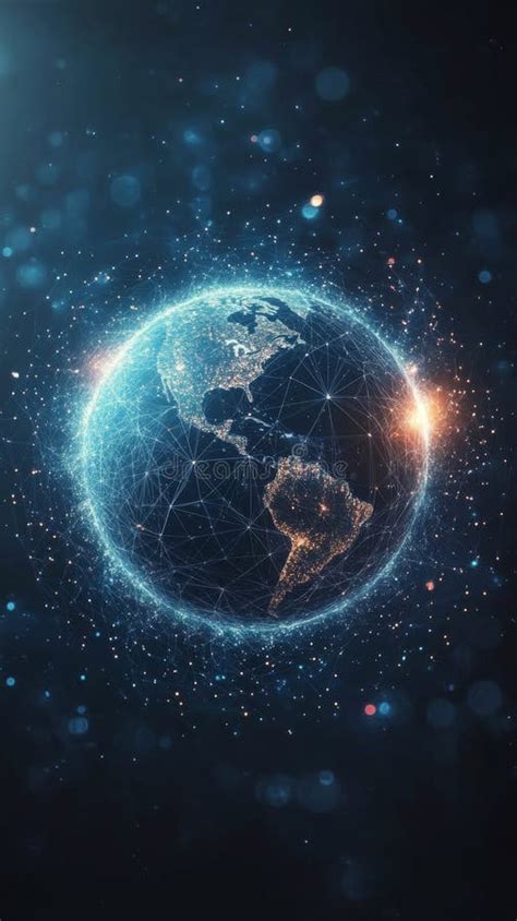 A Digital Representation Of Earth With Interconnected Networks And Glowing Nodes At Night Stock