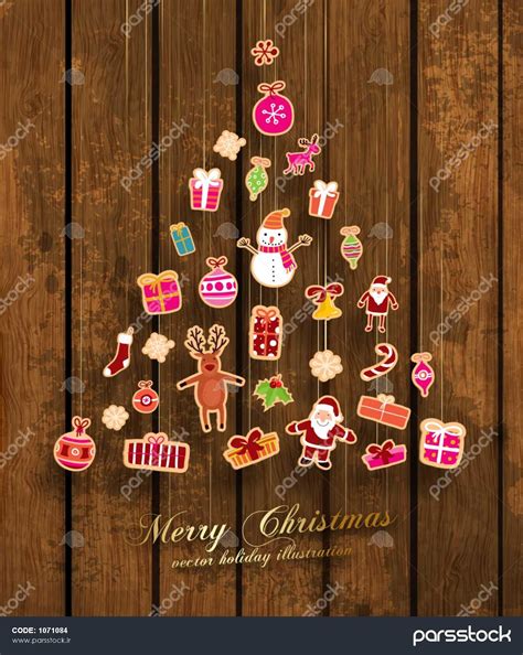 درخت کریسمس ساخته شده از نمادهای کریسمس پس زمینه چوبی وکتور 1071084