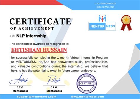 Ehtisham Hussain On Linkedin Mentorness Internship Gratitude