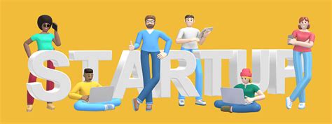 노란색 배경에 노트북 태블릿 전화 및 단어 시작을 가진 젊은 다민족 성공적인 사람들의 그룹 수평 배너 만화 캐릭터 와 텍스트 웹 사이트 슬로건 3d 렌더링 공동체에 대한