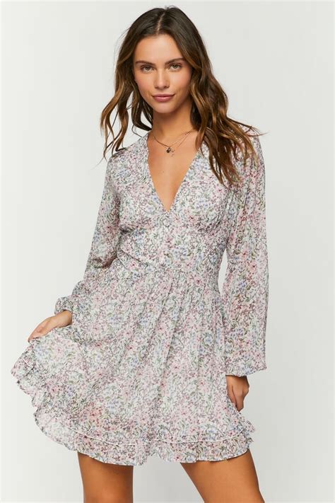 Forever 21 Floral Chiffon Peasant Sleeve Mini Dress Ivorymulti