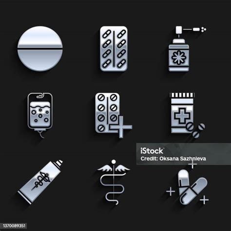 물집 팩에 알 약을 설정 Caduceus 뱀 의료 기호 의학 알 약 또는 태블릿 병과 알 약 연고 크림 튜브 약 Iv 가방 노즐 스프레이와 아이콘 의료 벡터 가방에 대한