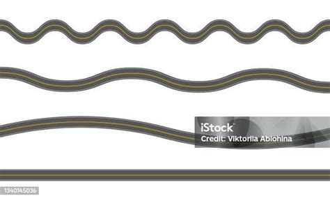 표시가있는 빈 직선 및 구불 구불 한 아스팔트 도로 원활한 고속도로 템플릿 흰색 배경에 고립 된 거리 도로의 요소 맨 위 보기입니다 벡터 플랫 일러스트레이션 개념에 대한