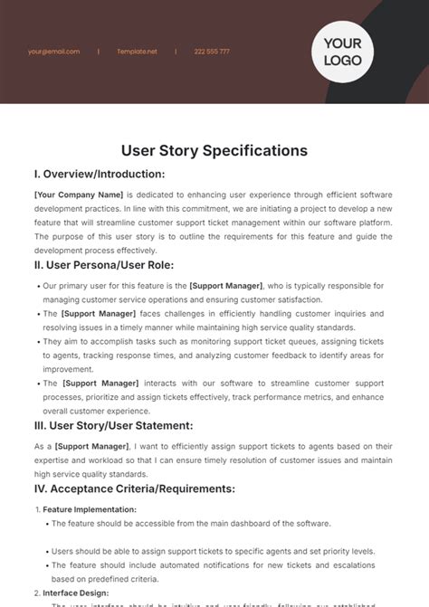 Free User Story Specification Template To Edit Online