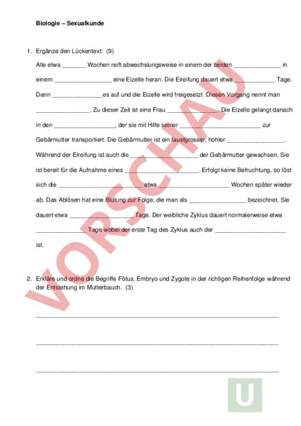 Arbeitsblatt Biologie Sexualkunde Biologie Fortpflanzung Entwicklung
