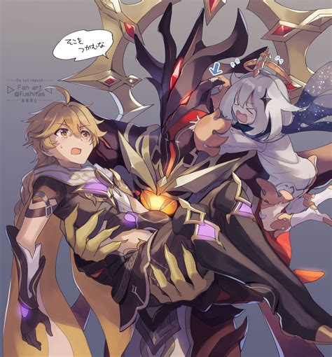Aether Paimon Enjou And Abyss Lector Genshin Impact Drawn By