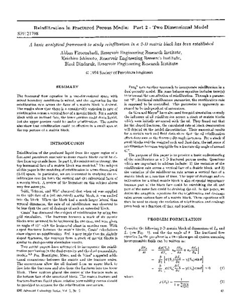 Pdf Reinfiltration In Fractured Porous Media Part 2 Two Dimensional Model