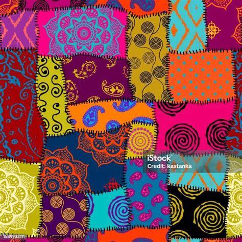 텍스타일 패치워크 패턴 원활한 벡터 이미지입니다 밝은 부족 패치 워크 기하 도형에 대한 스톡 벡터 아트 및 기타 이미지 기하 도형 소형 장식품 연속무늬 Istock