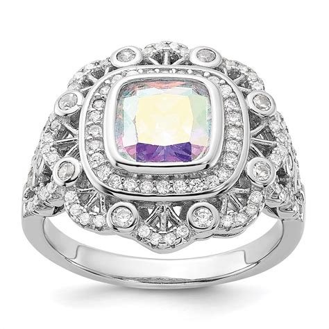 925 Sterling Silver Rhodium Plated Clear And Iridescent Cz Cubic