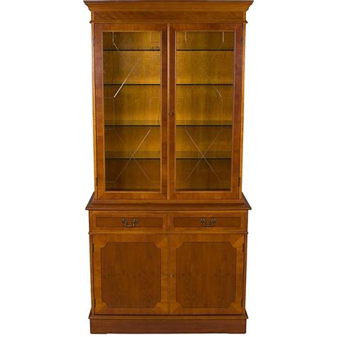 Yew Wood Two Glass Door Breakfront Small China Cabinet Bookcase Small