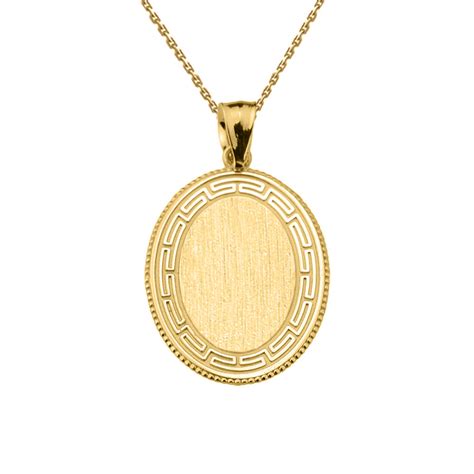 Greek Key Yellow Gold Engravable Oval Pendant