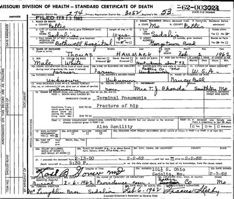 Death Certificate For Thomas Hammack Missouri Us Death