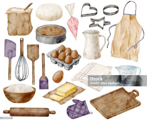 수채화 베이킹 재료 및기구 세트 손으로 그린 밀가루 그릇 반죽 계란 버터 롤링 핀 도마 패스트리 브러시 오븐 장갑 거품기 주걱 흰색 배경에 격리된 앞치마 수채화에 대한 스톡