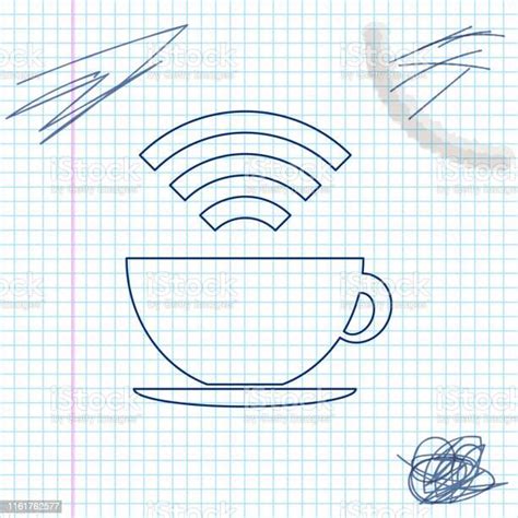 흰색 배경에 고립 된 무료 와이파이 영역 라인 스케치 아이콘커피 숍 의 컵 인터넷 연결 플래카드 벡터 일러스트레이션 개념에 대한 스톡 벡터 아트 및 기타 이미지 Istock