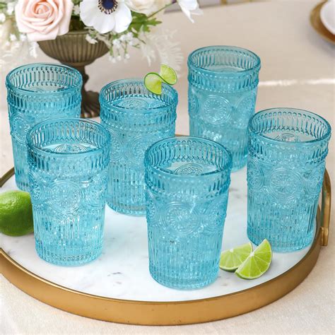 Vintage Textured Aqua Blue Striped Drinking Glasses Set Of