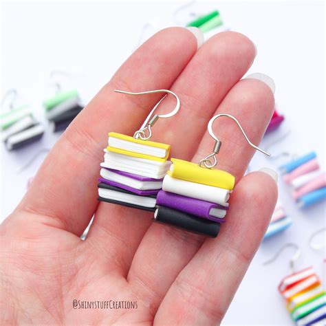 Subtle Non Binary Pride Flag Dangle Earrings Stacked Books Geeky Jewelry Lgbtqia Pride Subtle