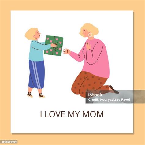 놀란 어머니에게 선물 상자를 주는 어린 소녀가 있는 네모난 배너 플랫 스타일 가족에 대한 스톡 벡터 아트 및 기타 이미지