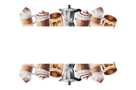 커피 만들기 도구가 있는 수채화 프레임 라떼 에스프레소 아메리카노 카푸치노 라프 모카 고립된 배경에 손 그림 디자이너 메뉴 상점 바 비스트로 레스토랑 엽서 포장지 커버용 포