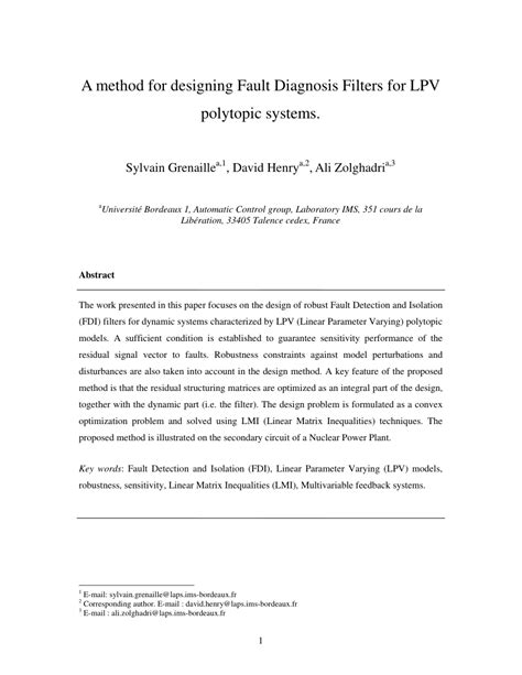 Pdf Fdi Filter Design For Lpv Systems