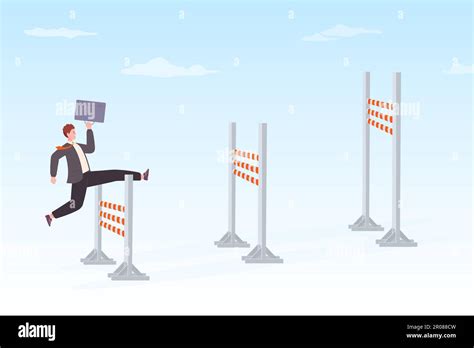 Businessman Overcome Obstacles Business Man Jump Over Resilient Hurdle Barrier Of Financial