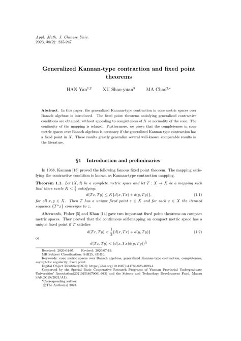 Pdf Generalized Kannan Type Contraction And Fixed Point Theorems