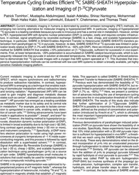 Temperature Cycling Enables Efficient 13c Sabre Sheath Hyperpolarization And Imaging Of 1 13c