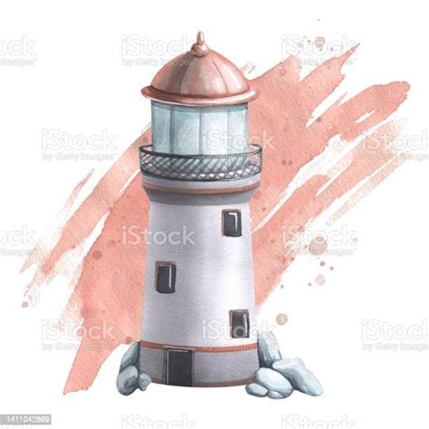 수채화 반점과 튀는 배경에 자갈이있는 해양 등대 수채화 그림 고래의 큰 세트의 구성 엽서 포스터의 디자인과 장식을 위해 등대에 대한 스톡 벡터 아트 및 기타 이미지 Istock