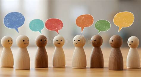 Wooden Figures Discussing Sharing Ideas With Colorful Speech Bubbles Concept Stock Illustration