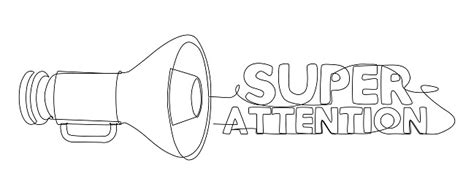 슈퍼 어텐션 텍스트가 있는 메가폰의 연속 한 줄 얇은 선 그림 벡터 개념입니다 윤곽 그리기 창의적인 아이디어 한붓그리기에 대한