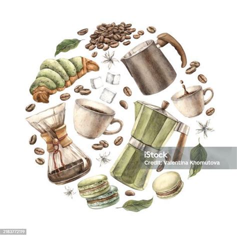 머그잔 간헐천 커피 메이커 커피 필터 설탕 마카롱 크루아상 곡물 우유 주전자 나뭇잎 고립 된 배경에 손으로 그린 수채화 둥근 구성 브랜딩 상점 카페 엽서 0명에 대한 스톡