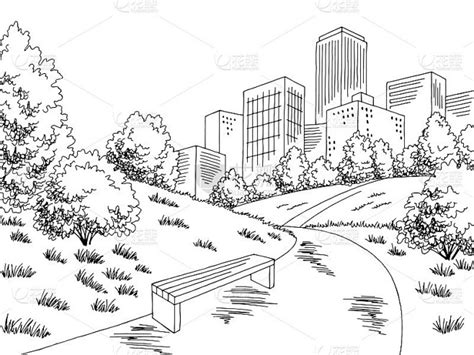 公园图形黑白城市景观素描插图矢量