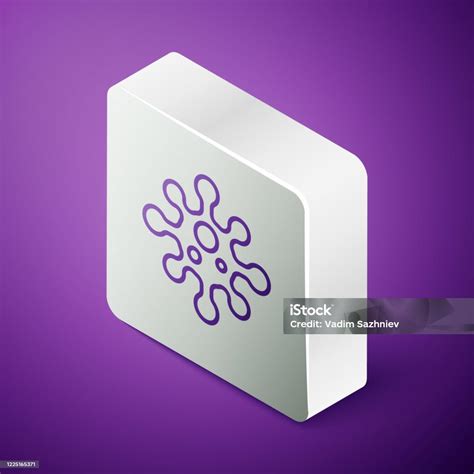 아이소메트릭 선 바이러스 아이콘이 보라색 배경에서 격리되었습니다 코로나 바이러스 2019ncov 박테리아와 세균 세포암 미생물 곰팡이 실버 스퀘어 버튼 벡터 일러스트레이션