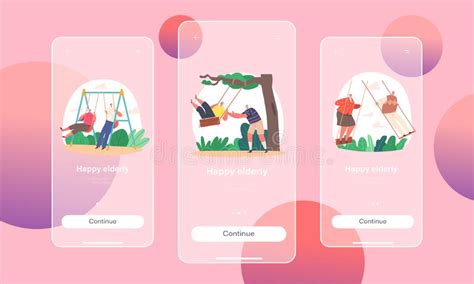 Carefree Elderly Couples Mobile App Page Onboard Screen Template Funny Senior Characters Swing