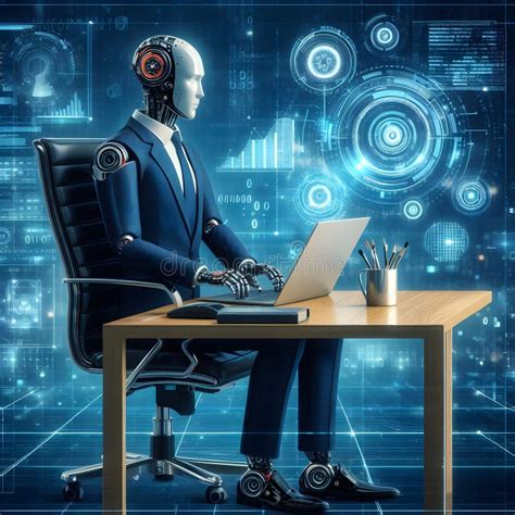 3d rendering humanoid robot working with a laptop on dark blue background stock illustration