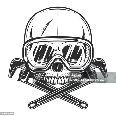 차체 공장 정비사 스패너 수리 도구 또는 가스 및 건축업자 배관 파이프용 건설 렌치가 있는 보안경에 빈티지 반 두개골 흑백