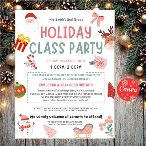 Editable Holiday Classroom Party Invitation Flyer Printable Christmas