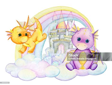 무지개와 돌 성의 배경에 귀여운 공룡 수채화 클립 아트 만화 스타일 건물 외관에 대한 스톡 벡터 아트 및 기타 이미지 건물 외관 건축 건축물 Istock