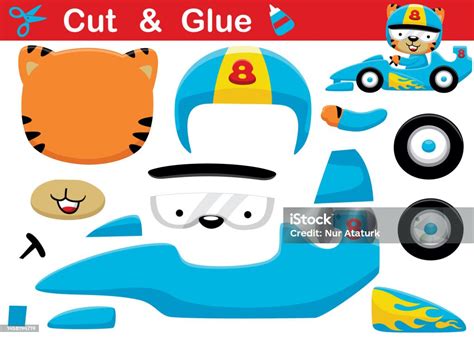 헬멧을 타고 경주용 자동차를 타고 있는 고양이 경주자 만화 아이들을위한 교육 종이 게임 컷아웃 및 접착 Championship에 대한 스톡 벡터 아트 및 기타 이미지