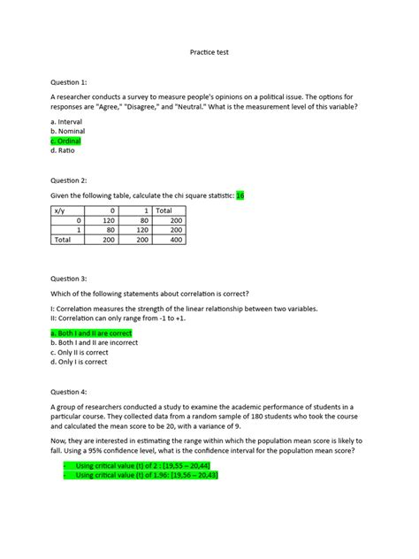 Solved Practice Test Pdf Errors And Residuals Variance