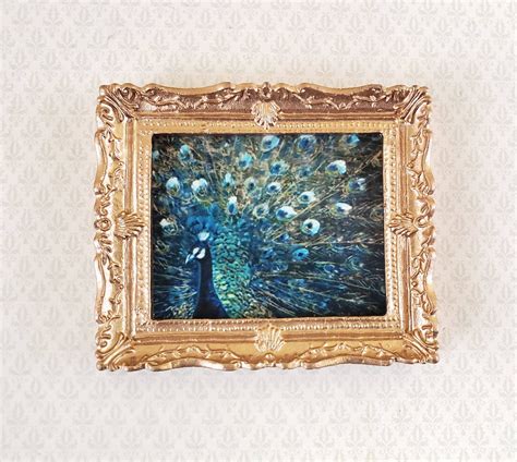 Miniature Framed Peacock Print 112 Scale For Dollhouse Fancy Gold Frame Etsy