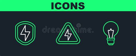 Set Line Light Bulb With Concept Of Idea Secure Shield Lightning And High Voltage Icon Vector