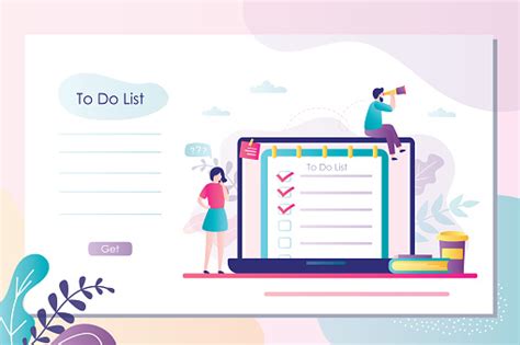 직원 2명이 사무실 일을 계획합니다 랩톱 화면에서 목록 또는 플래너를 수행합니다 작은 사무실 사람들은 새로운 프로젝트에 노력하고 있습니다 만화에 대한 스톡 벡터 아트 및