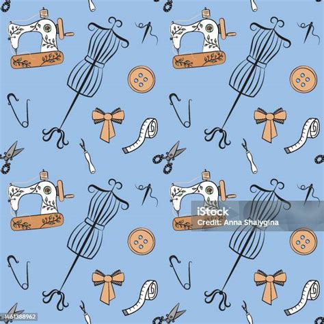 바느질 패턴 벡터 다채로운 원활한 배경입니다 마네킹 재봉틀 활 가위 바늘 그림 요소 파란색 배경에 다양한 재봉 도구 가위에 대한 스톡 벡터 아트 및 기타 이미지 Istock