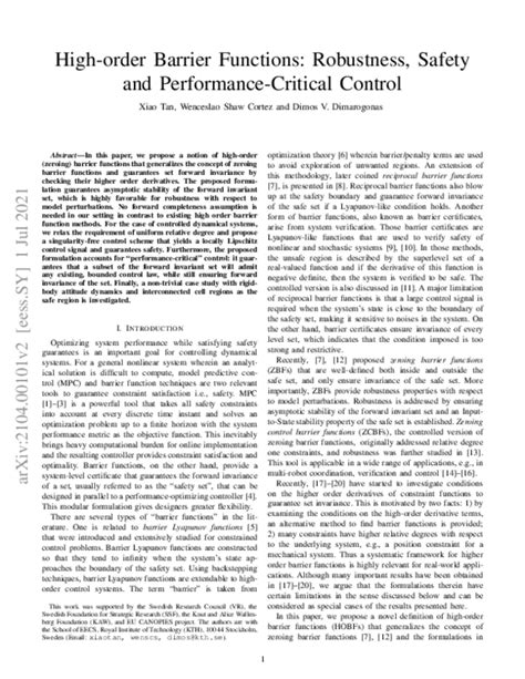 Pdf High Order Barrier Functions Robustness Safety And Performance