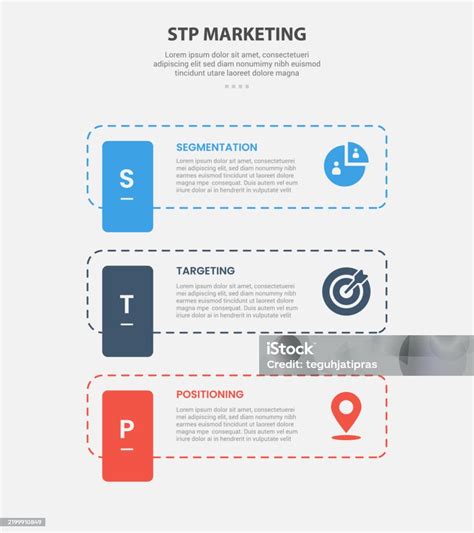 Stp 마케팅 인포그래픽 외곽선 스타일 3점 템플릿 점선 사각형 슬라이드 프레젠테이션을 위한 수직 배지 포함 개념에 대한 스톡 벡터 아트 및 기타 이미지 Istock